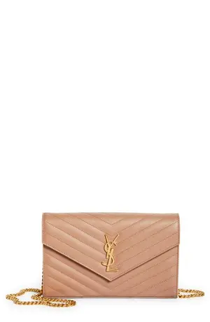 Saint Laurent Cassandre Matelassé Leather Wallet On A Chain Vintage Peach