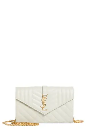 Saint Laurent Envelope Quilted Pebbled Leather Wallet On A Chain Crem.s
