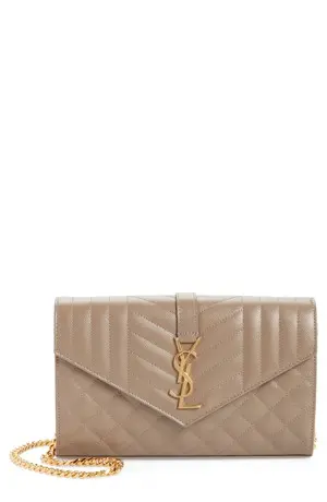 Saint Laurent Envelope Quilted Pebbled Leather Wallet On A Chain Grey Brown