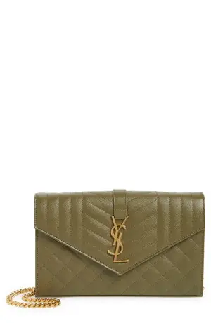 Saint Laurent Envelope Quilted Pebbled Leather Wallet On A Chain Vert Kaki