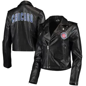 THE WILD COLLECTIVE Chicago Cubs Faux Leather Moto Full-zip Jacket - Black
