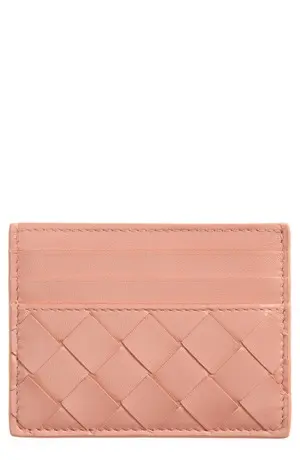 Bottega Veneta Intrecciato Leather Card Case Peachy/ Silver