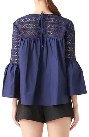 Endless Rose Bell Sleeve Lace Poplin Blouse - Navy