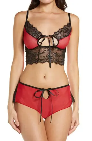 COQUETTE Lace & Mesh Longline Bralette & Boyshorts Set - Red