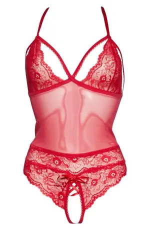 COQUETTE Open Gusset Lace Teddy - Red