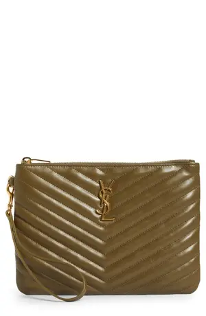 Saint Laurent Small Monogram Leather Wristlet Vert Kaki