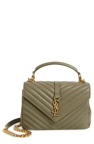 Saint Laurent Medium College Matelassé Leather Shoulder Bag Grey Khaki