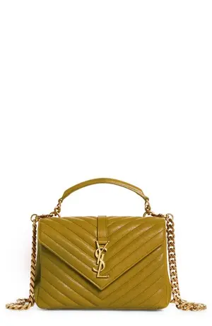 Saint Laurent Medium College Matelassé Leather Shoulder Bag Olive Drab
