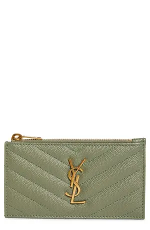 Saint Laurent Cassandre Matelassé Fragments Leather Zip Card Case Light Sage