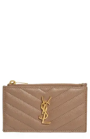 Saint Laurent Cassandre Matelassé Fragments Leather Zip Card Case Taupe