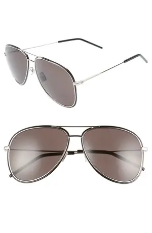 Saint Laurent Saint Laurent 61mm Aviator Sunglasses Silver/ Black Enamel/ Grey