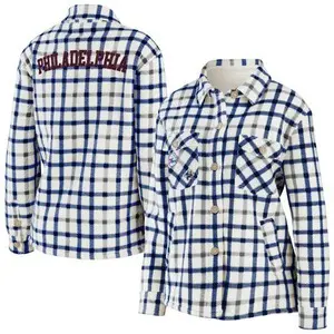 WEAR BY ERIN ANDREWS Philadelphia 76ers Plaid Button-up Shirt Jacket - Oatmeal