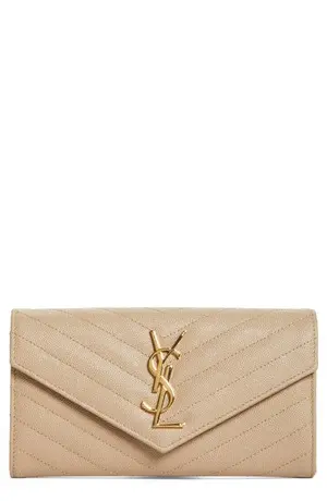 Saint Laurent Monogramme Logo Leather Flap Wallet 2721 Dark Beige