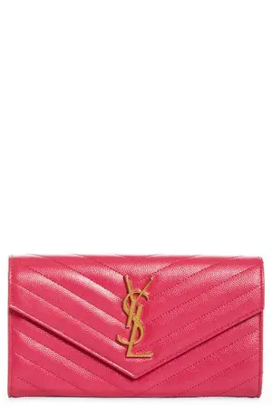Saint Laurent Monogramme Logo Leather Flap Wallet Fuxia Couture