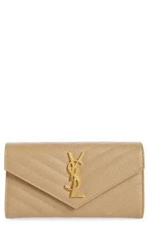 Saint Laurent Monogramme Logo Leather Flap Wallet Latte