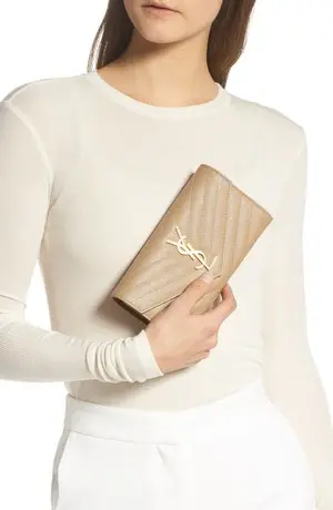Saint Laurent Monogramme Logo Leather Flap Wallet - Latte