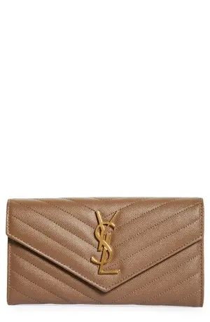 Saint Laurent Monogramme Logo Leather Flap Wallet Taupe