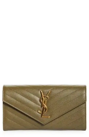 Saint Laurent Monogramme Logo Leather Flap Wallet Vert Kaki