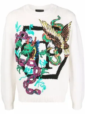 Philipp Plein Patterned Intarsia-knit Jumper - White