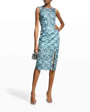 Dress The Population Avianna Floral Midi Dress - Mineral Blue Mlt