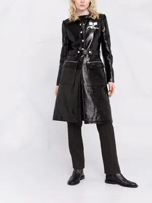 COURREGES Logo-print Lacquered-effect Trench Coat - Black