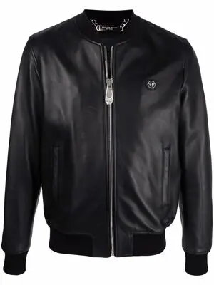 Philipp Plein Leather Bomber Jacket - Black