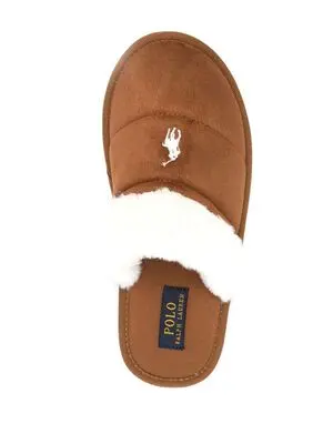 Polo Ralph Lauren Embroidered-logo Faux-fur Slippers - Brown