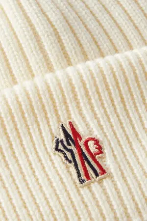 Moncler Appliqued Padded Ribbed Wool Beanie - White