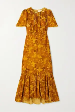 Rhode Arabella Gathered Floral-print Velour Midi Dress