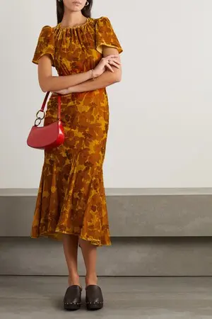 Rhode Arabella Gathered Floral-print Velour Midi Dress