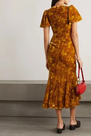 Rhode Arabella Gathered Floral-print Velour Midi Dress