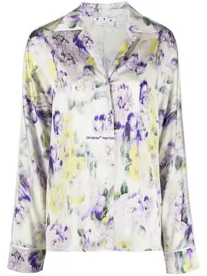 Off-White Chine Satin" Floral Print Shirt