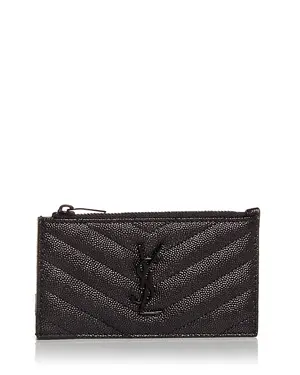 Saint Laurent Cassandre Matelasse Fragments Zipped Card Case - Black Lambskin And Shiny Leather/black