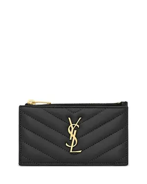 Saint Laurent Cassandre Matelasse Fragments Zipped Card Case - Black Lambskin/gold