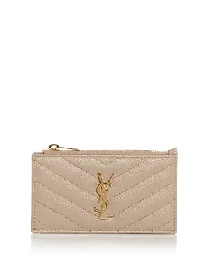 Saint Laurent Cassandre Matelasse Fragments Zipped Card Case - Dark Beige Grain Leather/gold