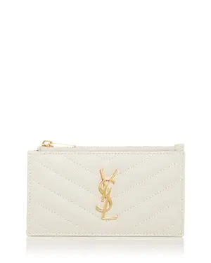 Saint Laurent Cassandre Matelasse Fragments Zipped Card Case - White Grain Leather/gold