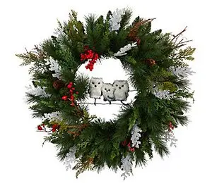 NEARLY NATURAL 24' Holiday Winter Owl Christmas Wreath - One-color