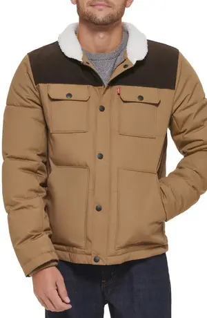 LEVI'S High Pile Fleece Puffer Jacket - Tan Dark Brown Corduroy Yoke