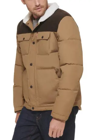 LEVI'S High Pile Fleece Puffer Jacket - Tan Dark Brown Corduroy Yoke