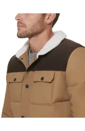 LEVI'S High Pile Fleece Puffer Jacket - Tan Dark Brown Corduroy Yoke