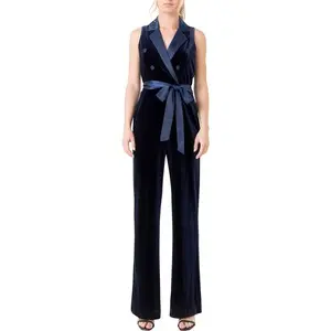 Endless Rose Satin Trim Velvet Jumpsuit - Navy