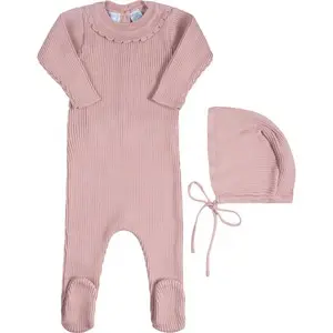FELTMAN BROTHERS Ruffled Collar Rib Romper & Bonnet Set - Mauve