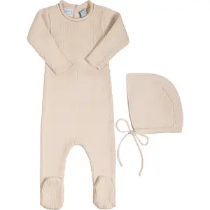 FELTMAN BROTHERS Rolled Collar Rib Knit Footie And Bonnet Set - Ecru