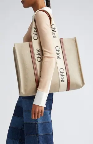 Chloé Large Woody Linen Tote - White - Brown 1
