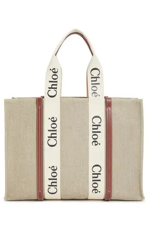 Chloé Large Woody Linen Tote - White - Brown 1
