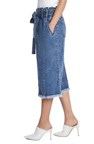 WASH LAB DENIM Tie Waist Raw Hem Denim Skirt - Storm Blue