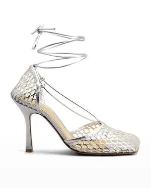 Bottega Veneta 90mm Macrame Metallic Ankle-wrap Pumps - Silver