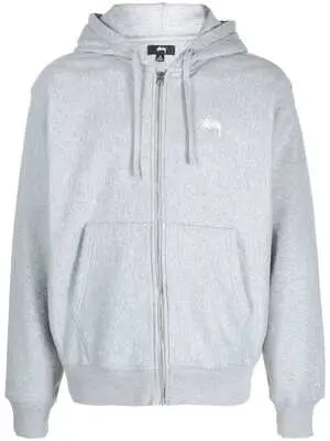 StüSsy Embroidered-Logo Zip-Up Hoodie - Grey | Editorialist