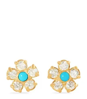 JENNIFER MEYER Yellow Diamond, And Turquoise Edith Flower Stud Earrings - Gold