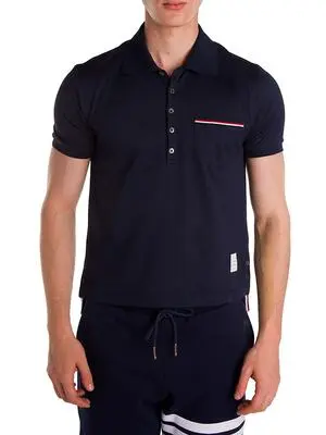 Thom Browne Solid Cotton Pique Polo Navy